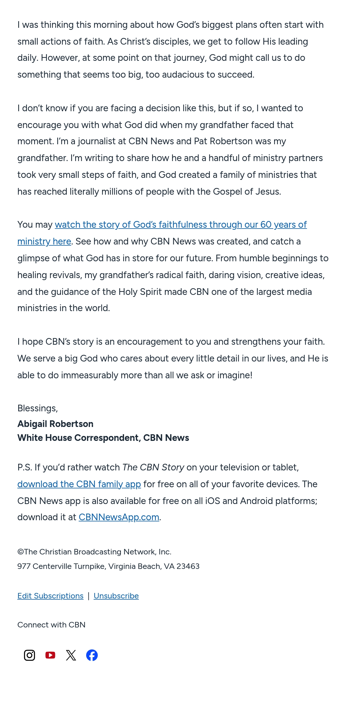 Email Inspiration from Abigail Robertson, CBN News - Email Love