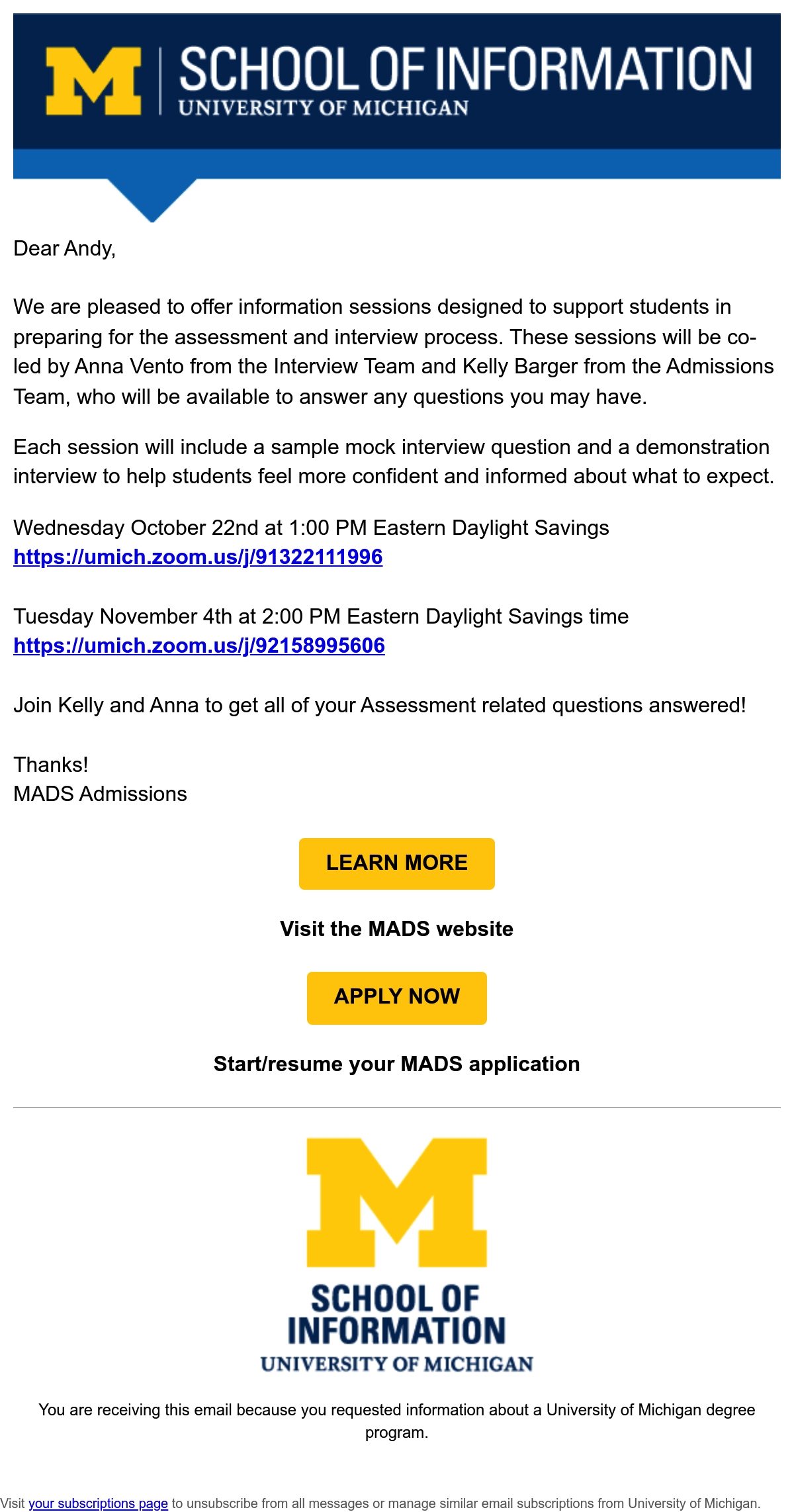Email Inspiration from U-Mich MADS degree - Master of Applied Data ...